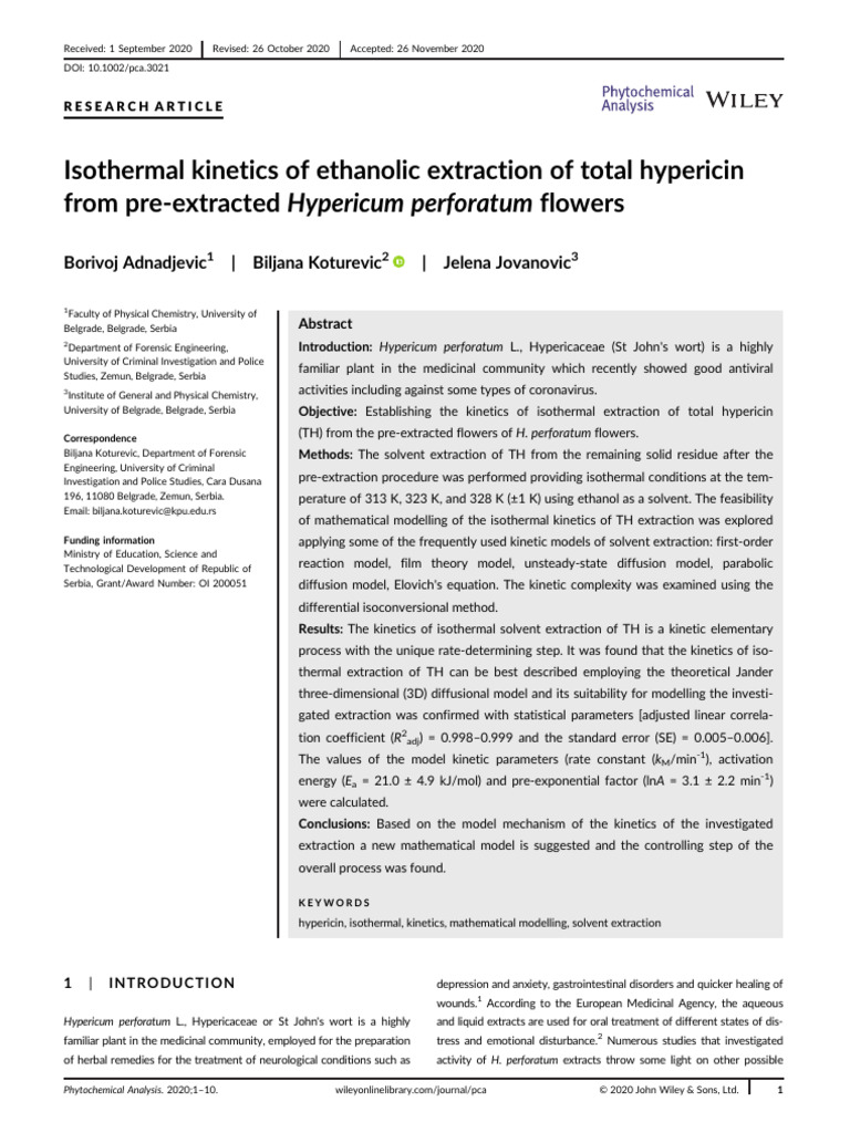 Kinetics of Hypericin Extraction from St. John's Wort | PDF | Diffusion ...