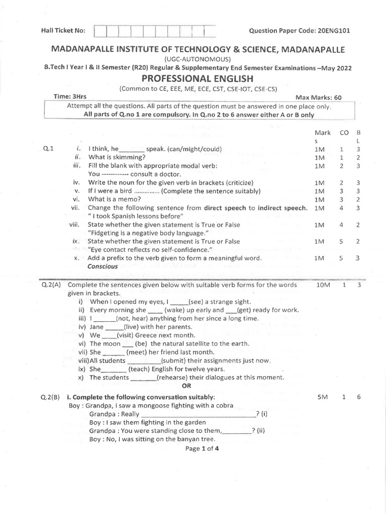 QPs for-B.Tech I Year I Semester (R20) Regular & Supplementary End Exams May 2022 | PDF