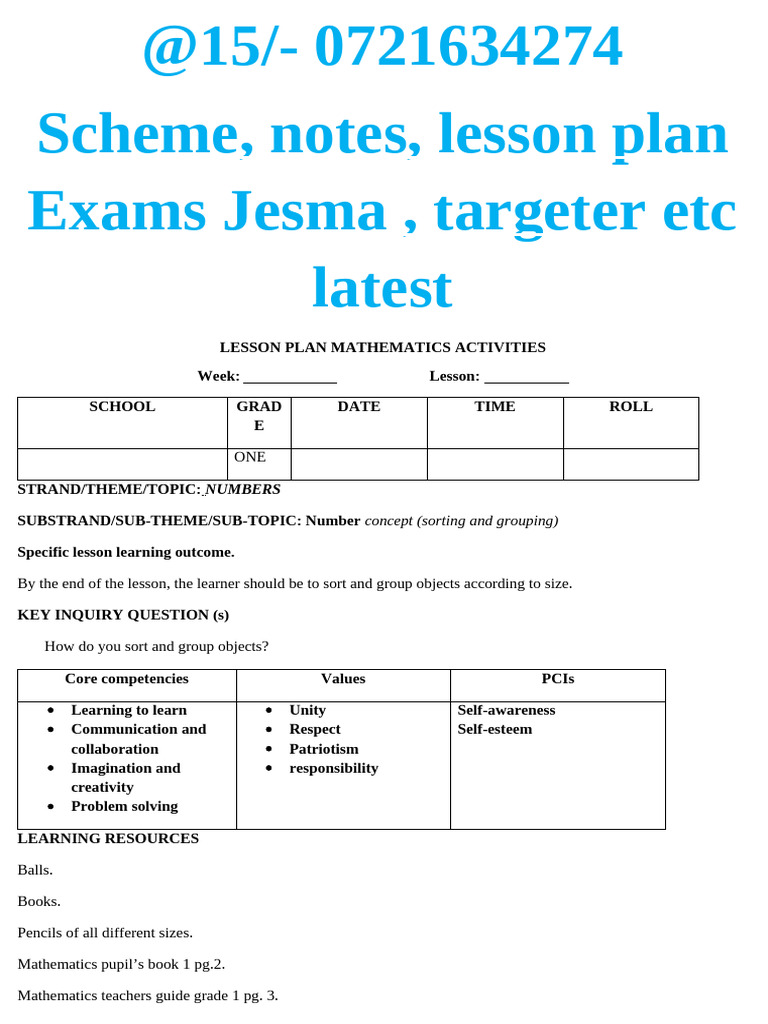 100 Grade 1 Mathematics Activities Term 1 Lesson Plans Word Format (2 ...