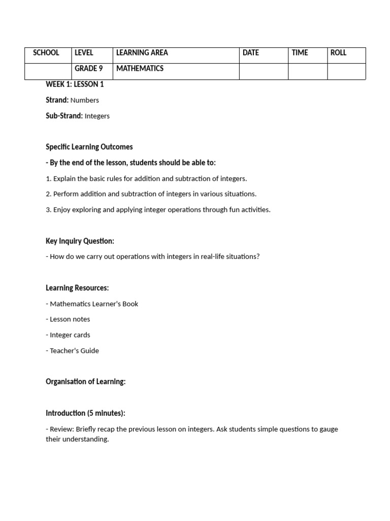 Grade 9 Mathematics Lesson Plans | PDF | Learning | Multiplication
