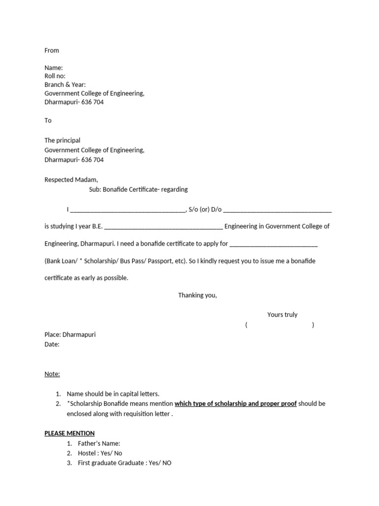 Bonafide Letter - Format | PDF