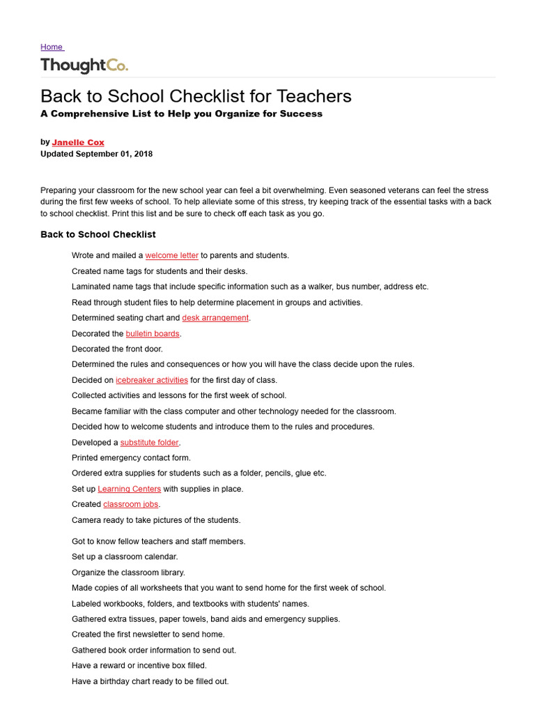 Essential Back to School Checklist for Teachers | PDF | Classroom