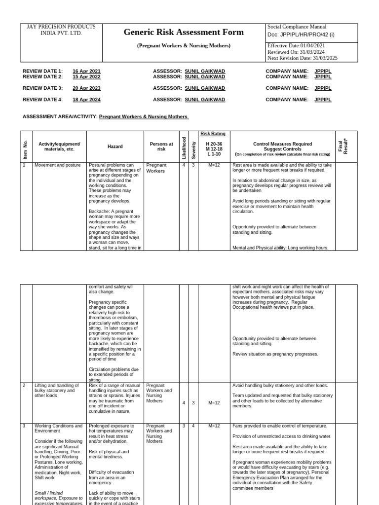 B 1 F Generic Risk Assessment - Pregnant Workers & Nursing Mothers ...