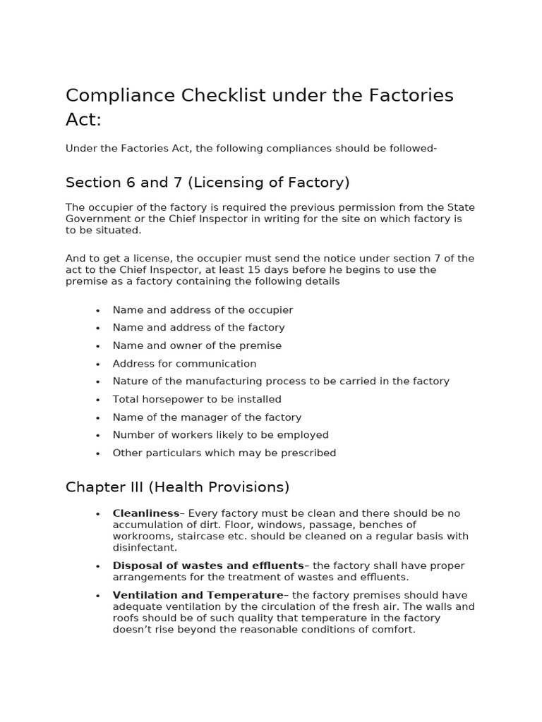 Compliance Checklist under the Factories Act | PDF | Elevator | Machines