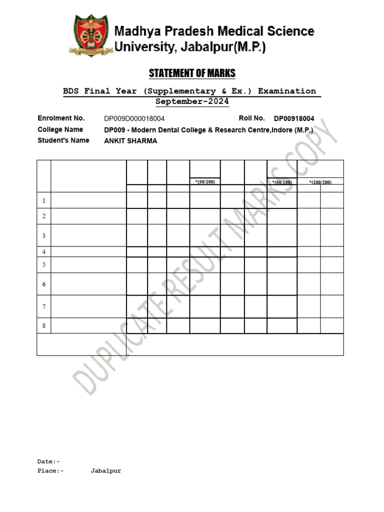 MPMSU_BDS_MarksheetStudent | PDF | Dentistry | Oral And Maxillofacial ...