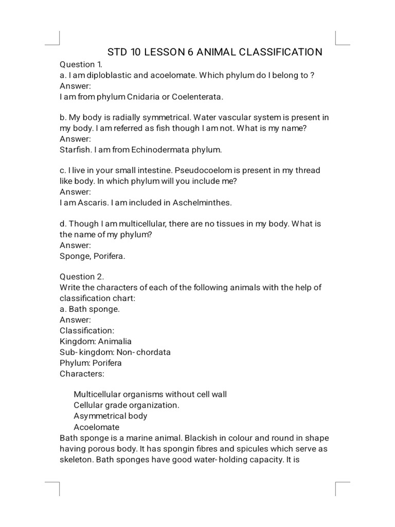 Class 10 Animal Classification Guide | PDF | Sponge | Taxonomy (Biology)