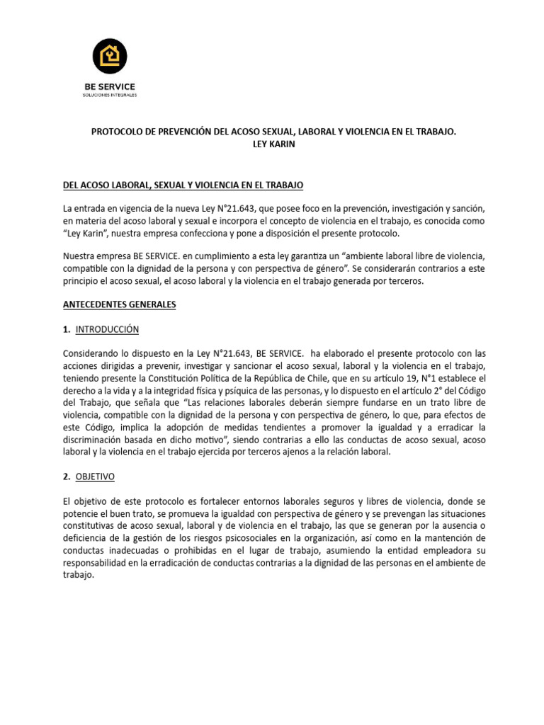Protocolo Ley Karin 2024 BE SERVICE | PDF | Acoso sexual | Sexismo