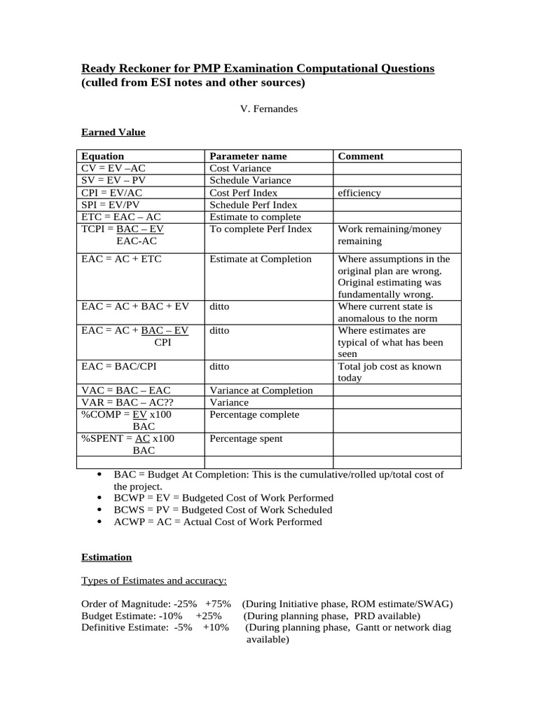 PMP Exam Formula Ref Sheet 2 | PDF | Internal Rate Of Return | Net Present Value