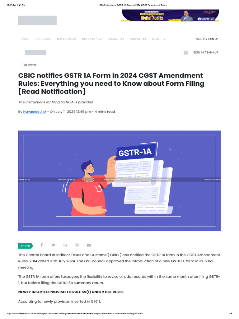 CBIC Introduces GSTR 1A Form in 2024 CGST Amendment Rules | PDF | Taxes | Public Finance