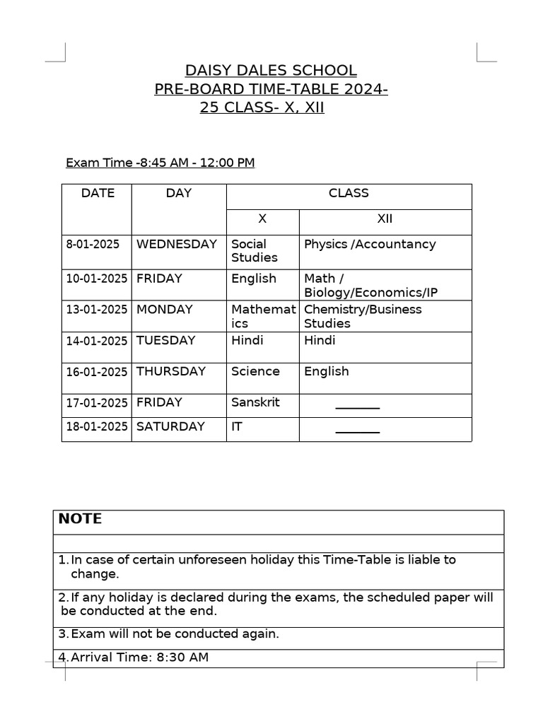 Pre Board Time Table - Actual | PDF