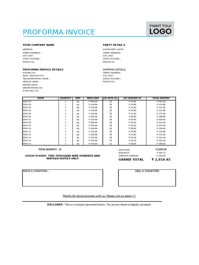 Proforma Invoice With Shipping | PDF | Invoice