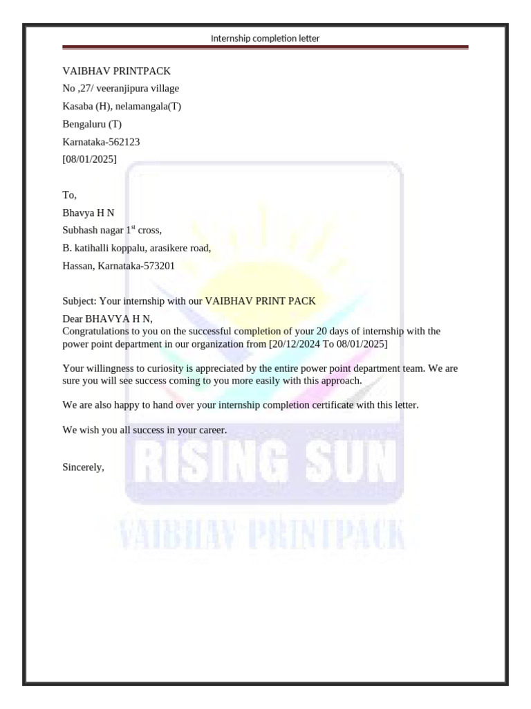 Internship Completion Letter Template | PDF