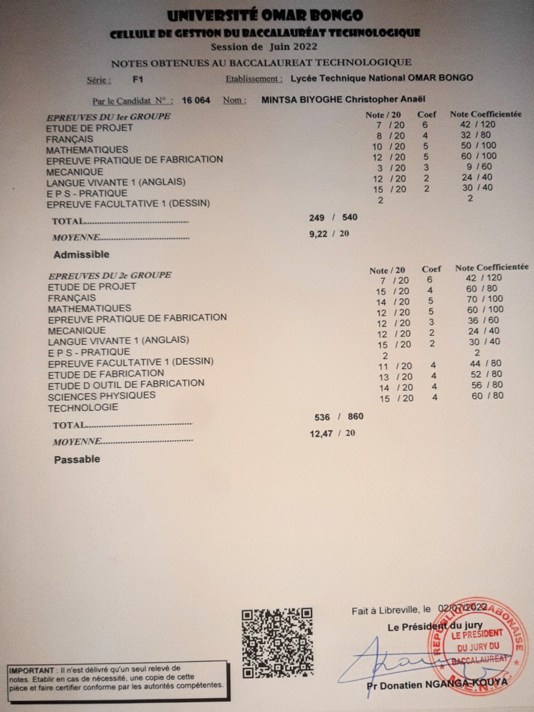 Relevé de Notes BAC | PDF