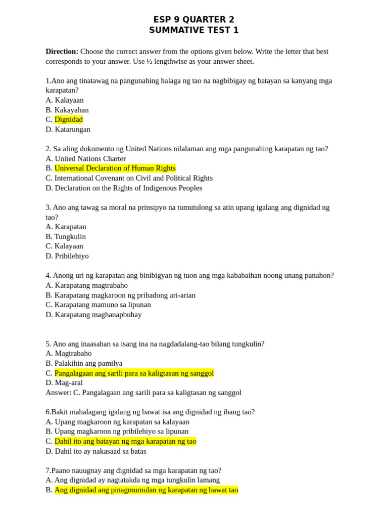 Esp 9 Quarter 2 Summative 1 | PDF