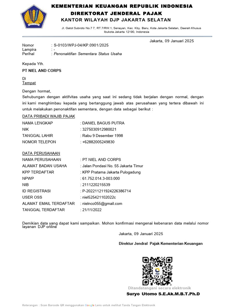 Penonaktifan Sementara - Daniel Bagus Putra-Pt Niel and Corps | PDF