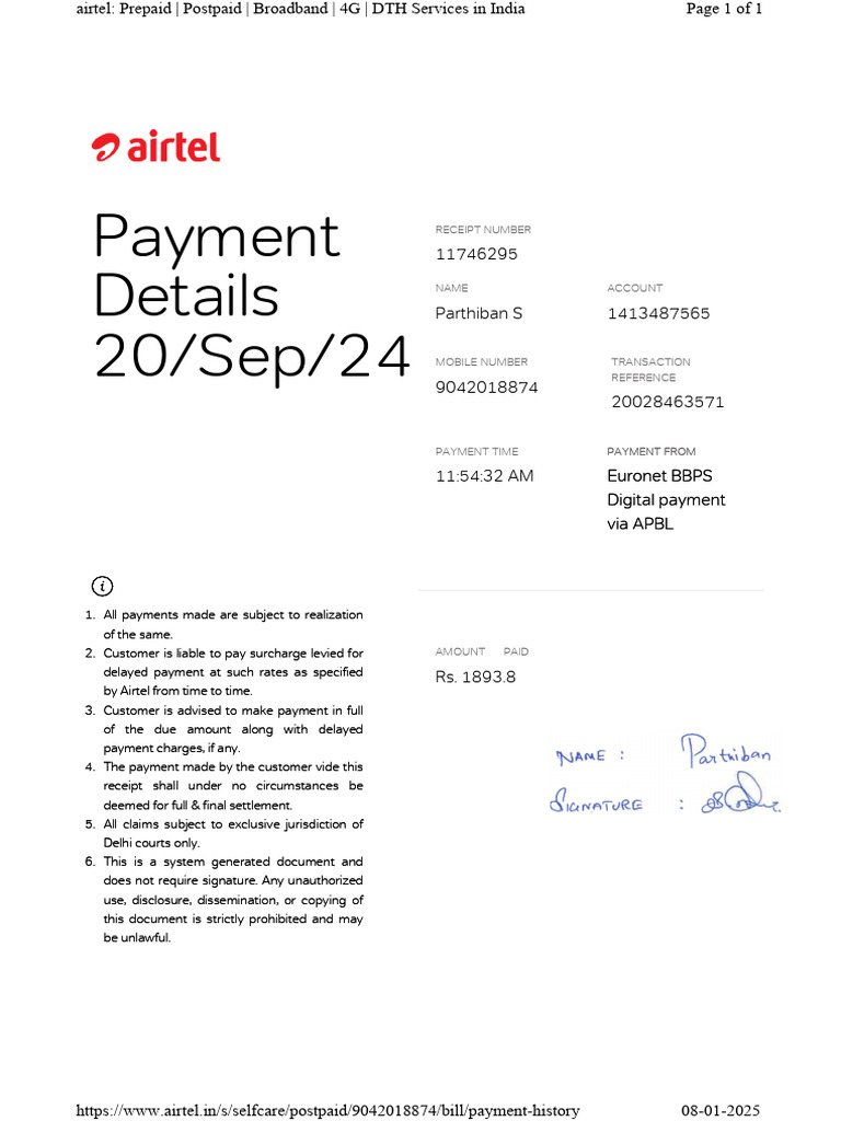 Airtel Payment Receipt Details | PDF