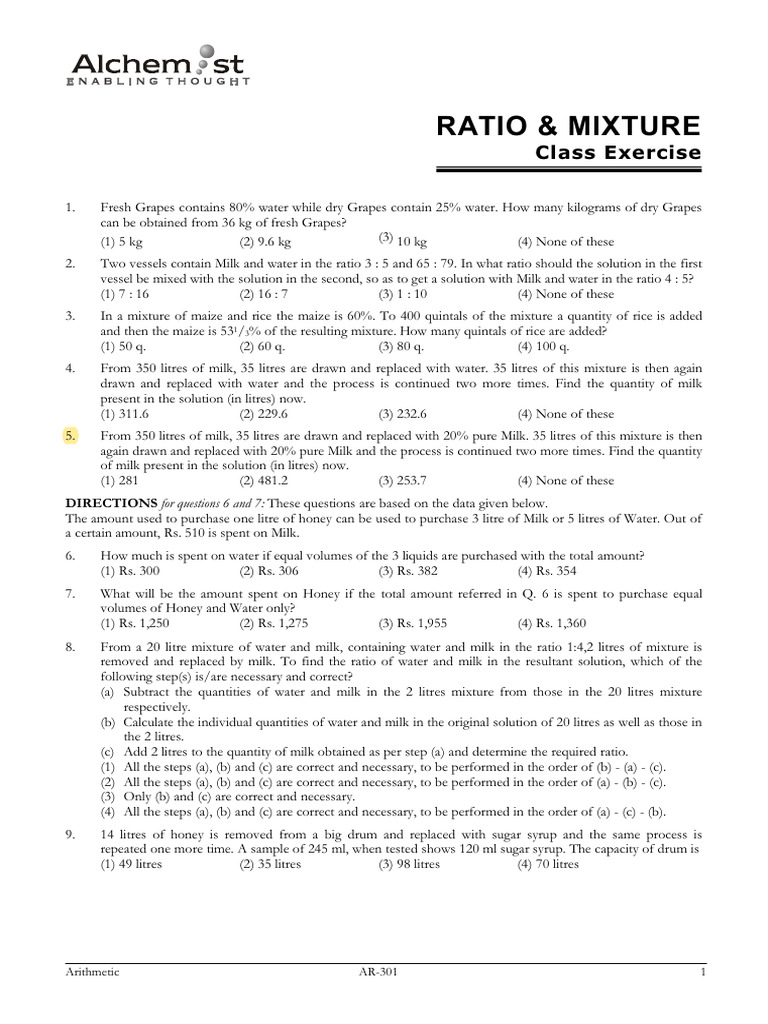 Ratio & Mixture | PDF | Ratio | Litre