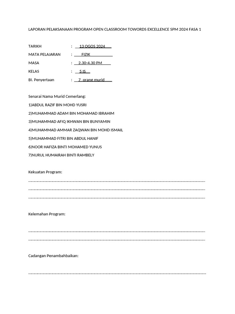 BORANG PELAPORAN OCTE SPM 2024 FIZIK | PDF