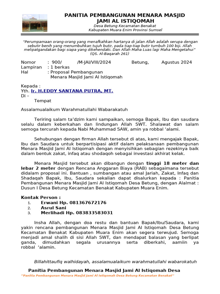 PROPOSAL PEMBANGUNAN MENARA MASJID FINAL-ESP | PDF