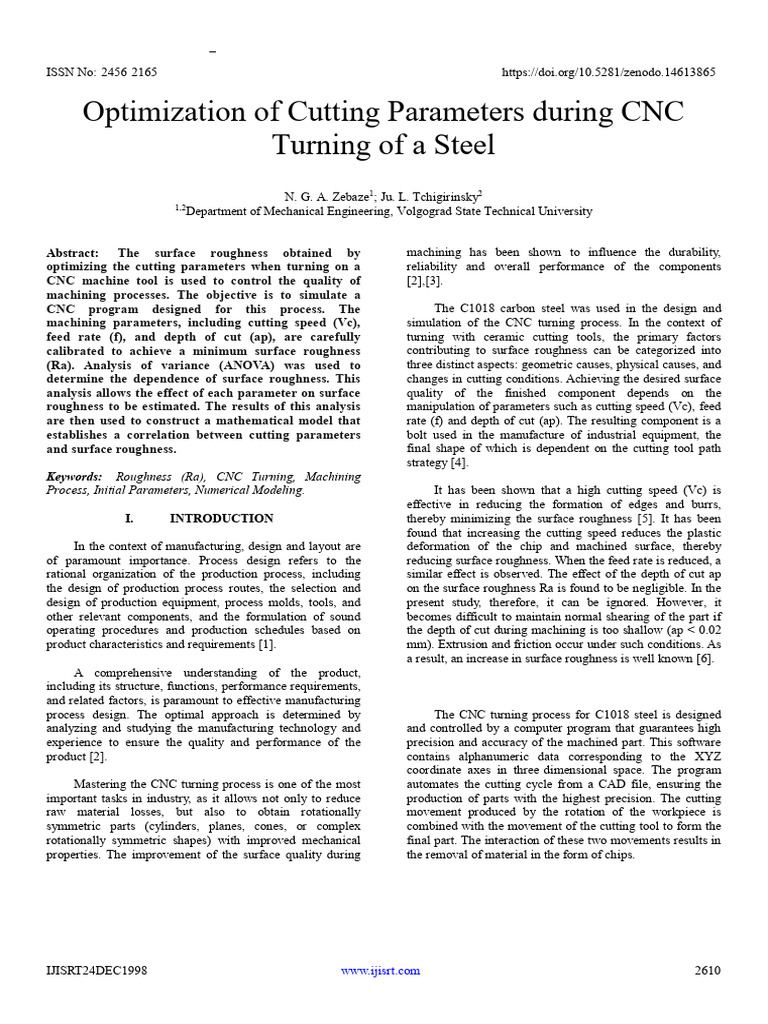 Optimization of Cutting Parameters During CNC Turning of A Steel | PDF | Machining | Numerical ...