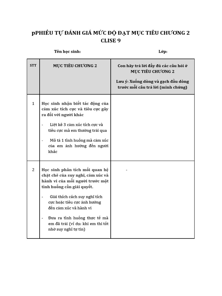 PHIẾU TỰ ĐÁNH GIÁ MỨC ĐỘ ĐẠT MỤC TIÊU CHƯƠNG 2 CLISE 9 | PDF
