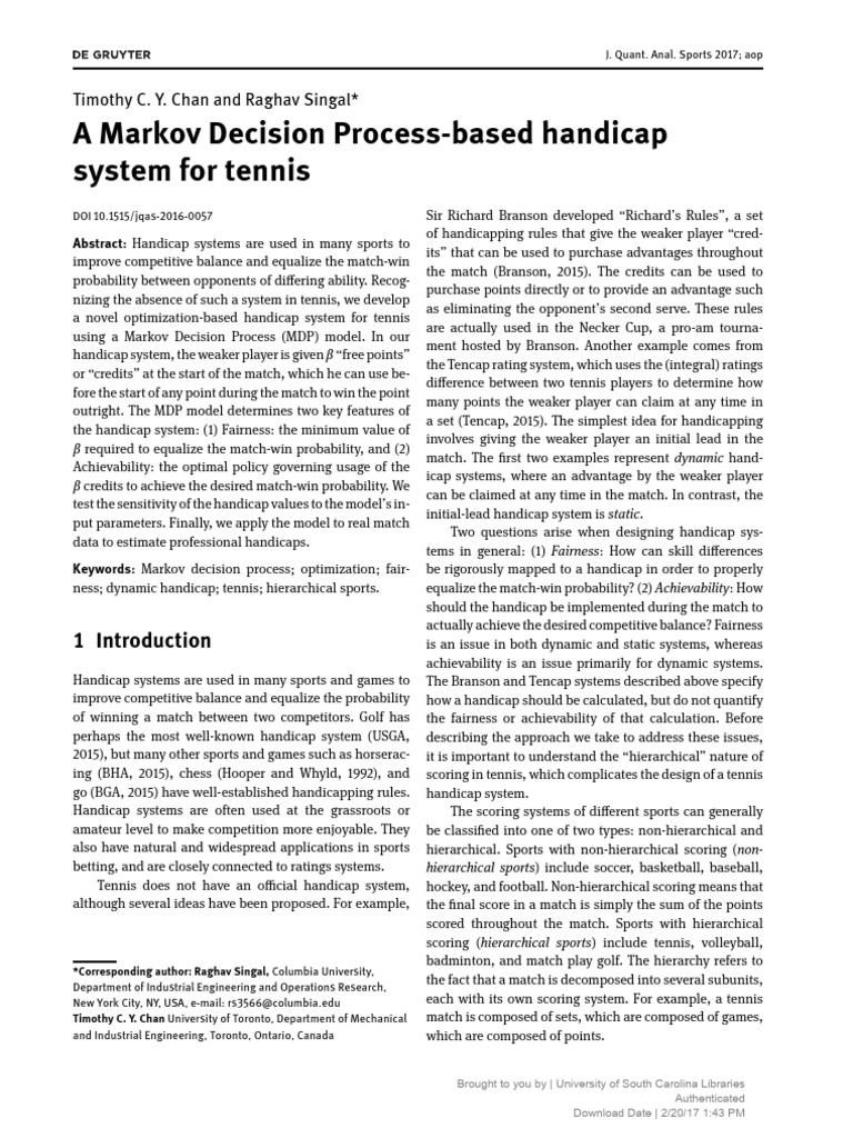 A Markov Decision Process-Based Handicap | PDF | Markov Chain | Applied Mathematics