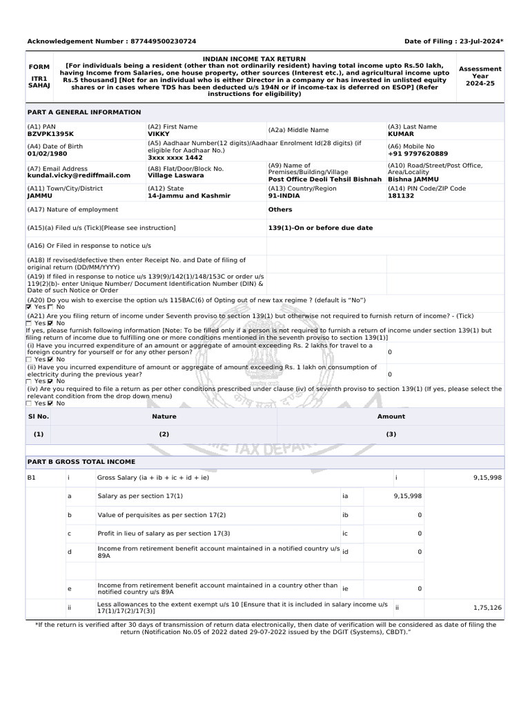 ITR-1 Sahaj Form for AY 2024-25 | PDF | Cost Of Living | Payments