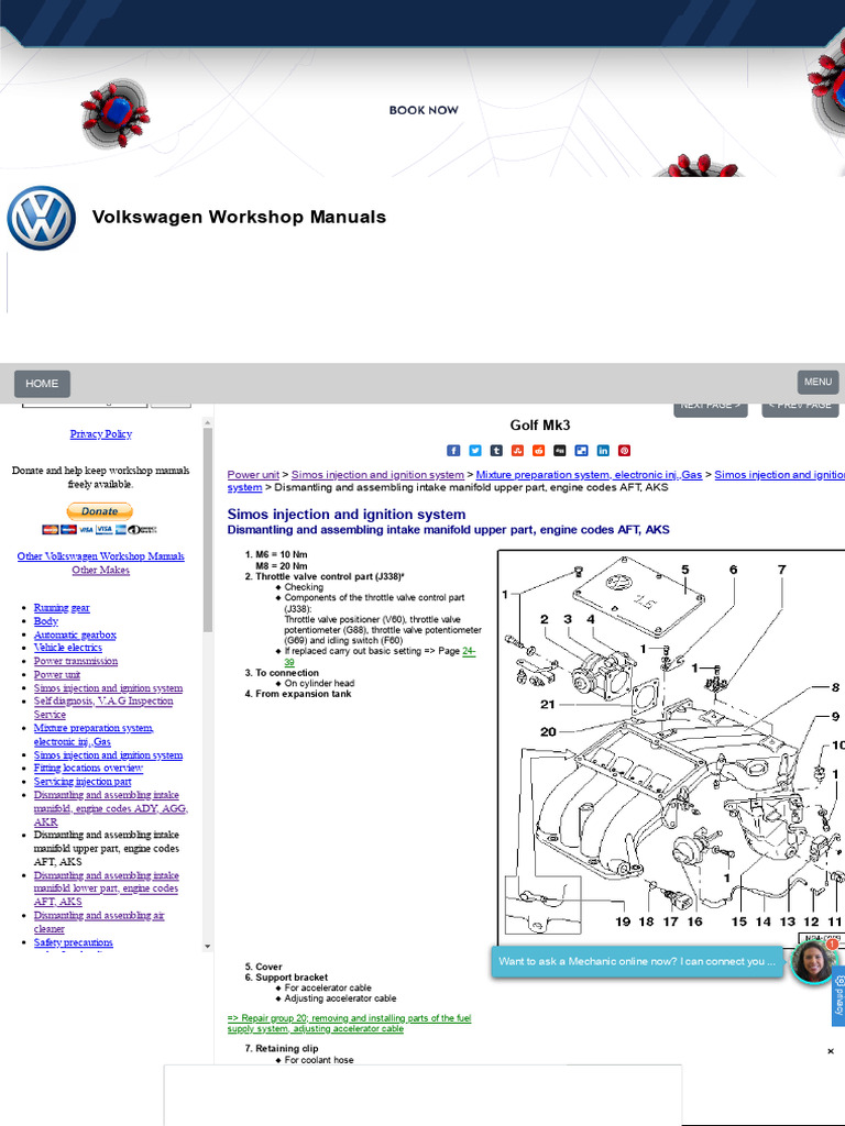 Dismantling and assembling intake manifold upper part, engine codes AFT ...