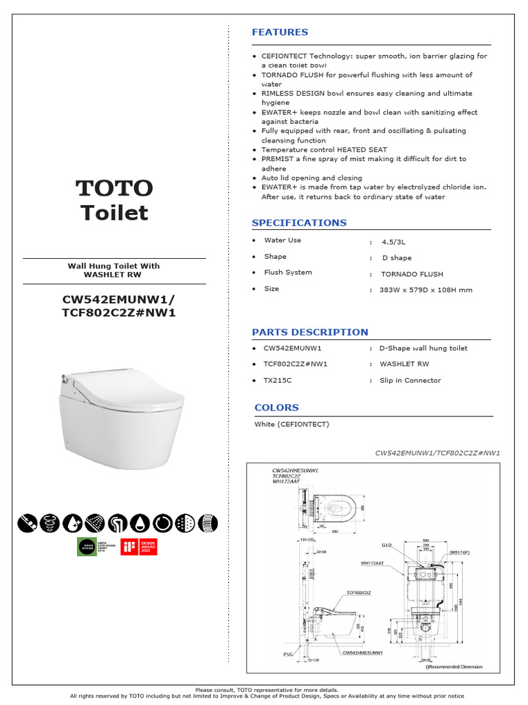 Toto WC CW542EMUNW1-TCF802C2Z-NW1 | PDF | Toilet | Excretion