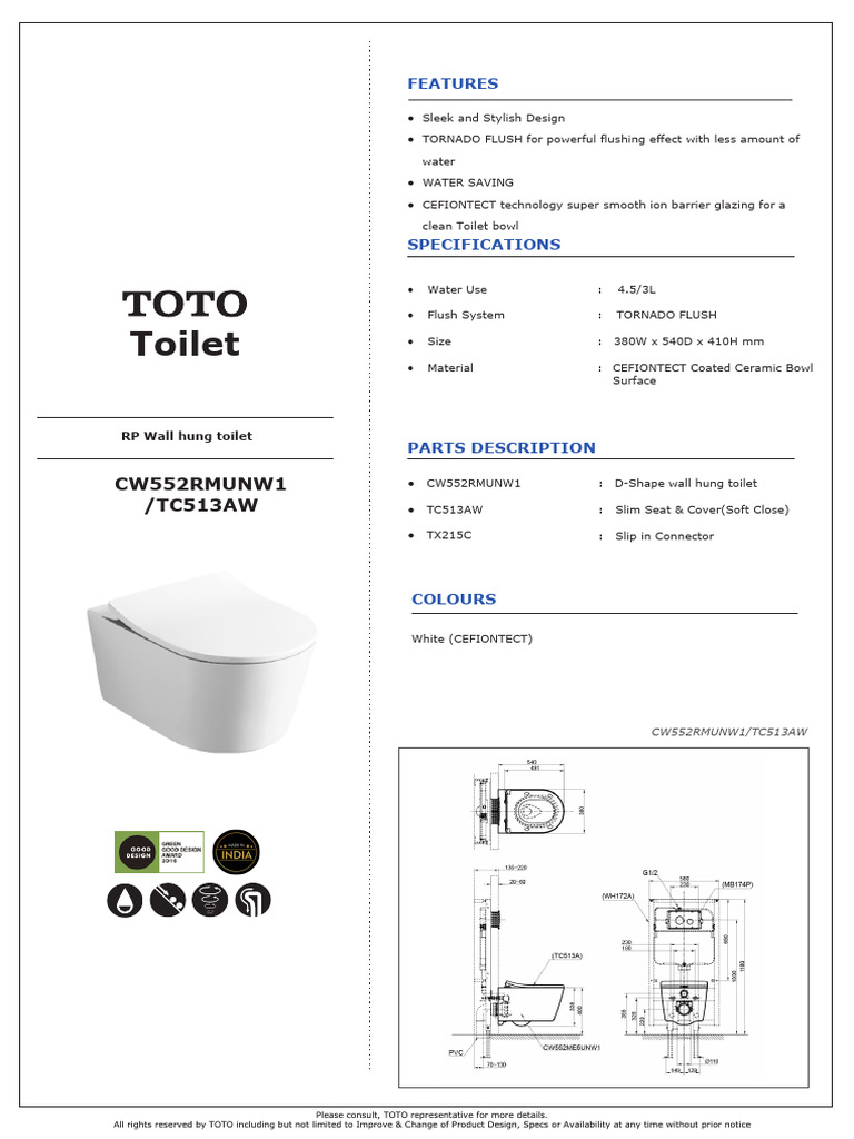 TOTO CW552RMUNW1 Wall Hung Toilet Specs | PDF | Toilet | Materials