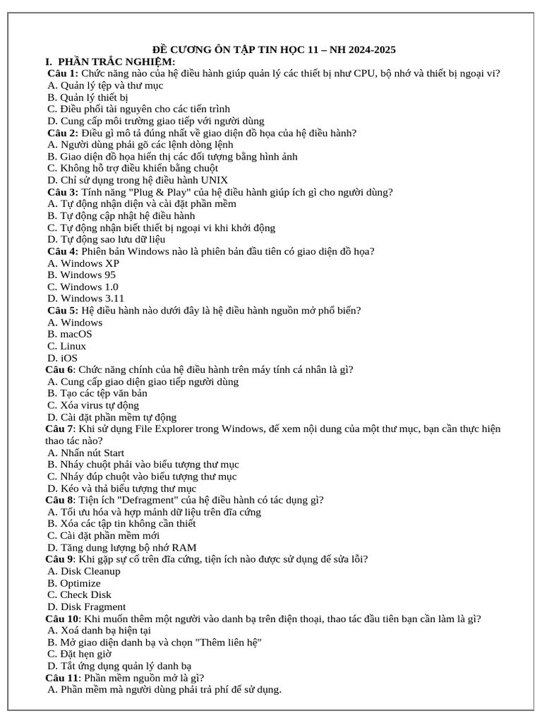 ĐỀ CƯƠNG ÔN TẬP KIỂM TRA CKI TIN HỌC 11 | PDF