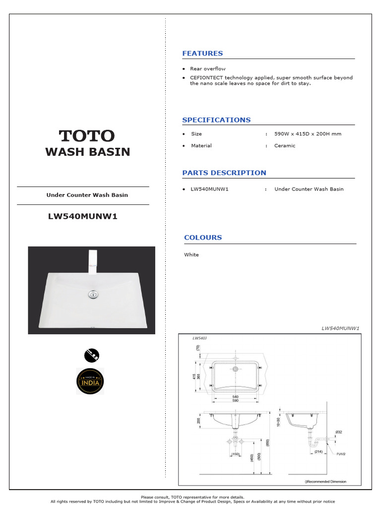 Toto Undercounter Wash Basin Lw540munw1 | PDF