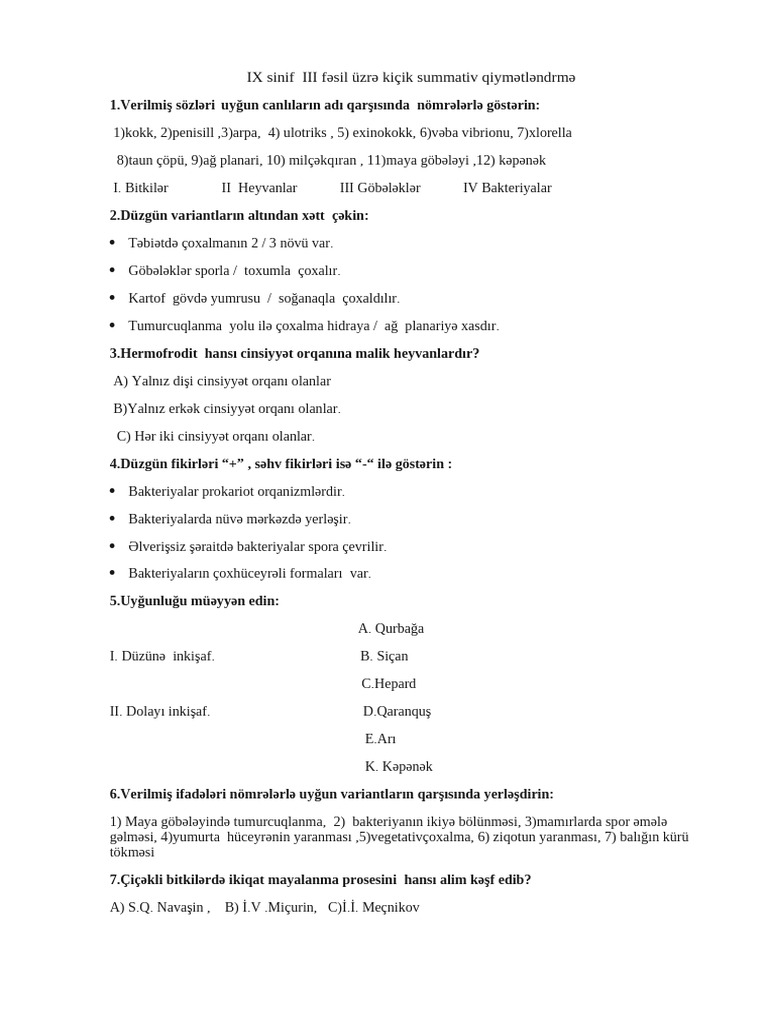 IX Sinif Biologiya KSQ 3 | PDF