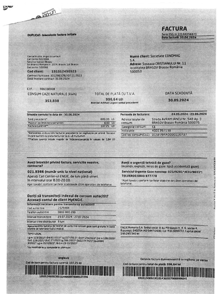 Plata PT Ultimele Doua Facturi Si Centralizator de La Inceputul Contractului de Gaz | PDF