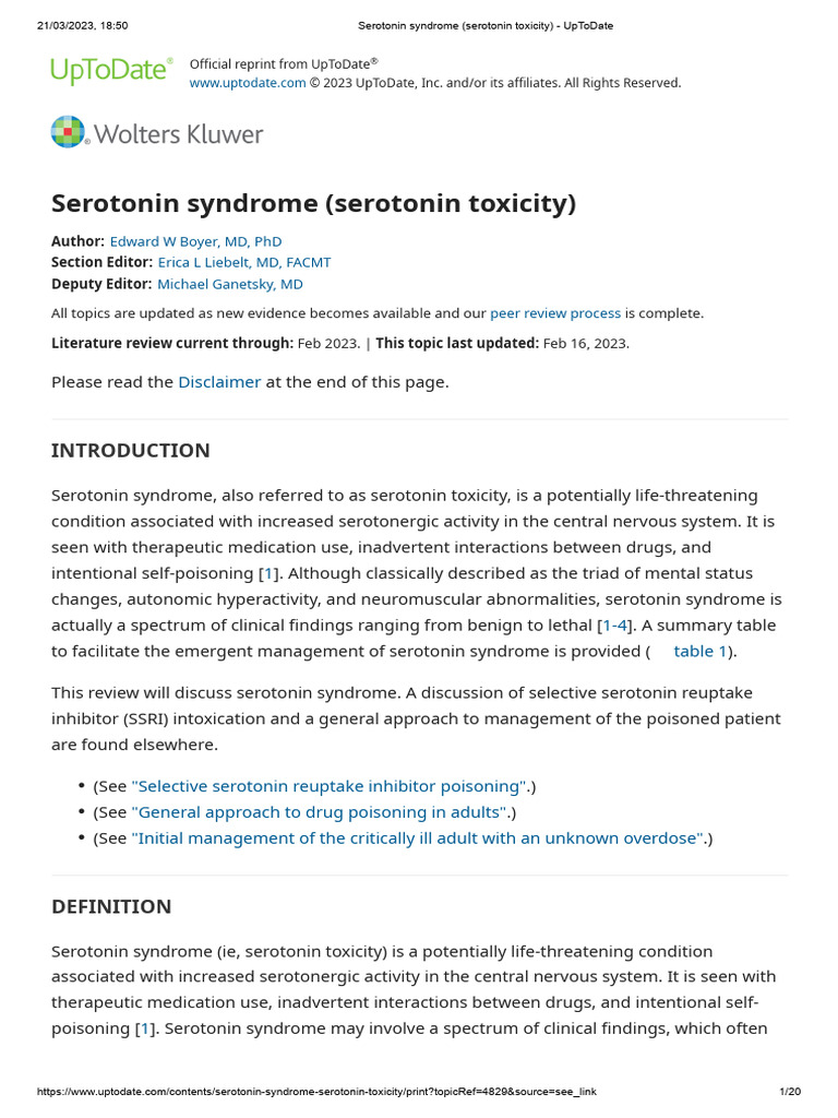 Serotonin Syndrome (Serotonin Toxicity) - UpToDate | PDF | Serotonin ...