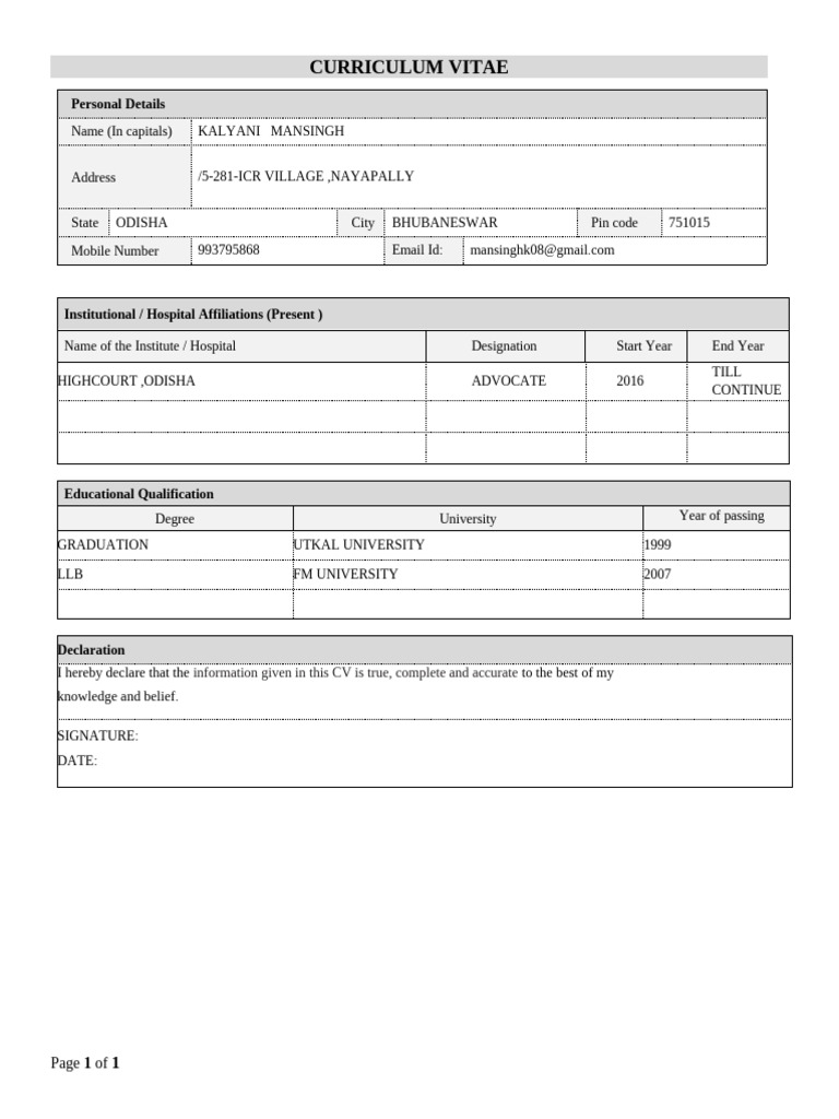 Kalyani Mansingh CV | PDF