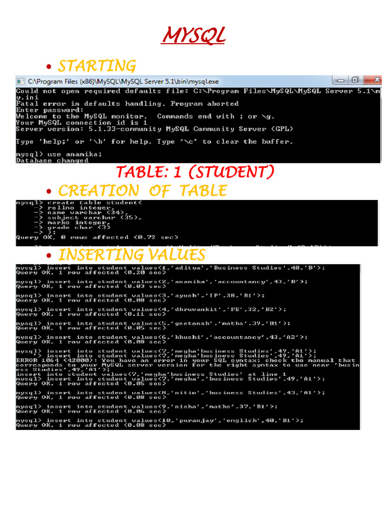 MySQL Table Creation and Commands Guide | PDF
