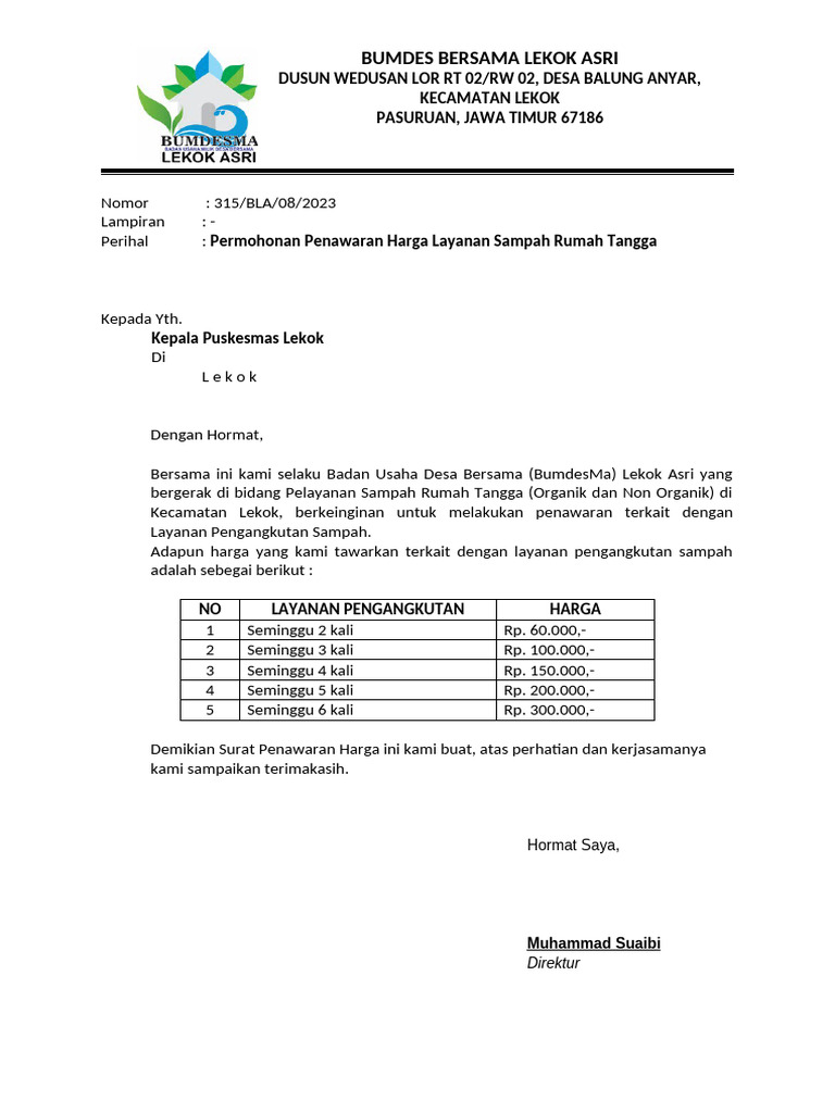 Surat Penawaran Harga Puskesmas Lekok | PDF