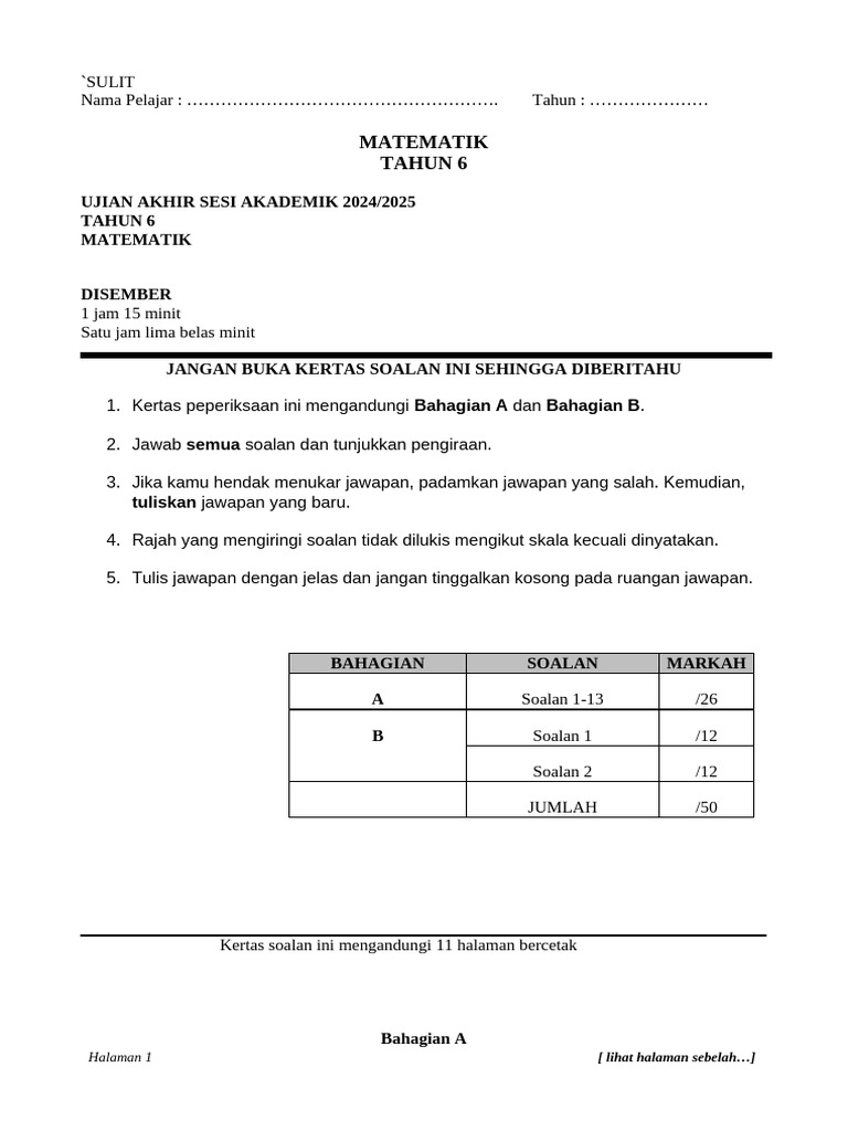 Soalan MT Tahun 6 | PDF