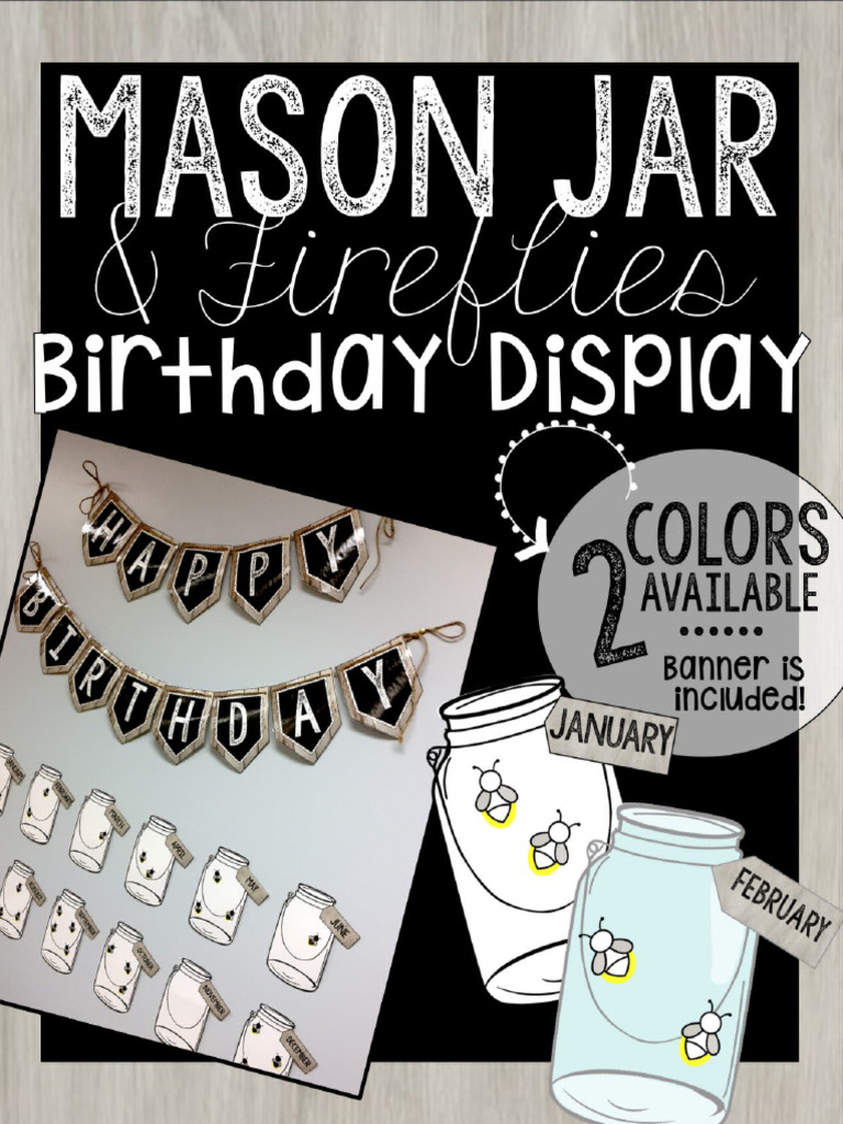 Editable Mason Jar Fireflies Birthday Displayw Banner Shiplap Shabby ...