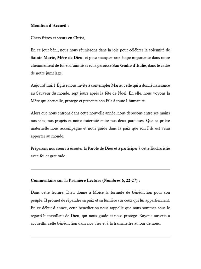 Monition d'Accueil pour la Fête de Marie | PDF