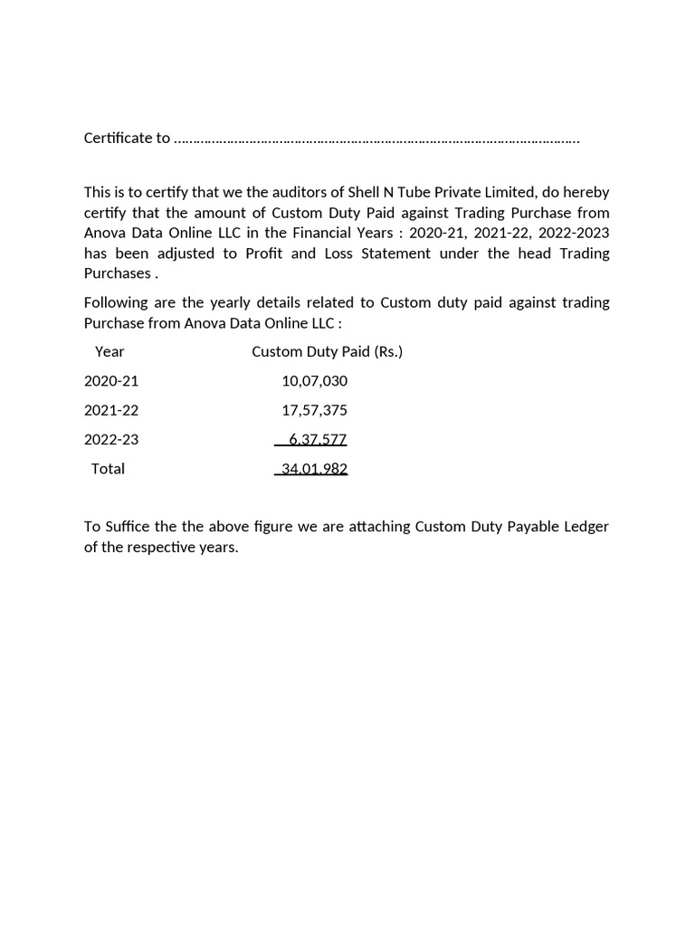 Certificate For Custom Duty | PDF