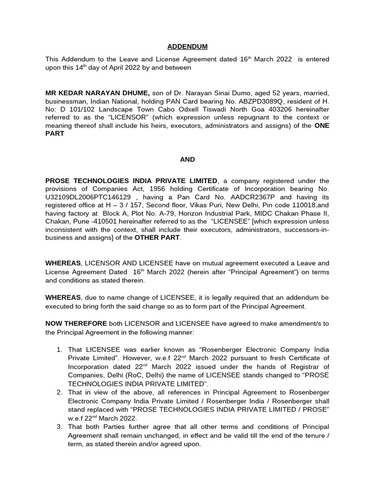 Addendum to Leave and License Agreement | PDF | License | Civil Law ...
