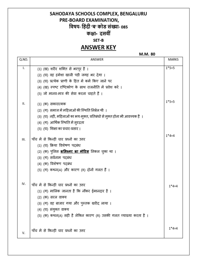 Class X Hindi Answer Key Set B | PDF