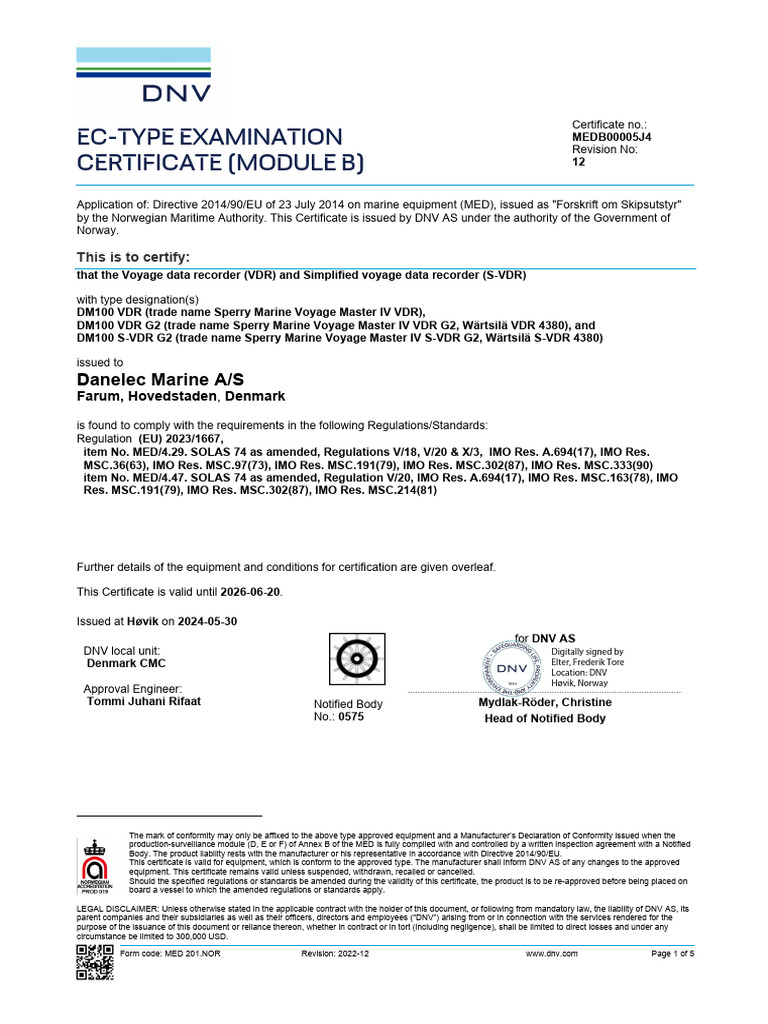 Danelec VDR/S-VDR Compliance Certificate | PDF | Legal Liability