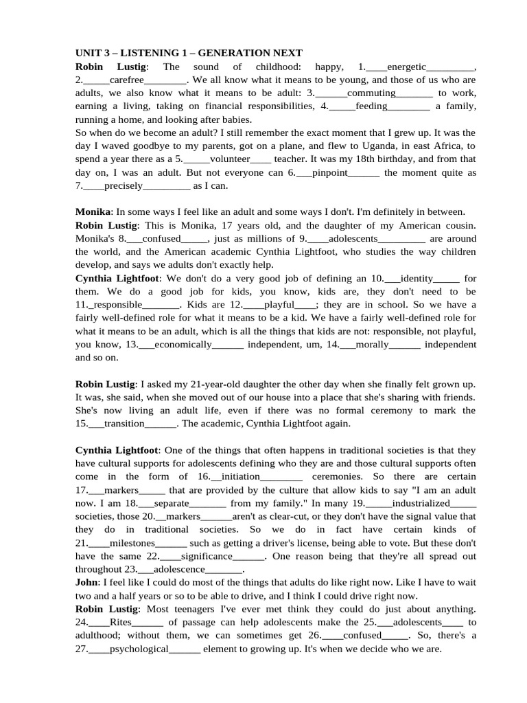 UNIT 3 LISTENING 1 - Elearning | PDF | Adolescence | Adults