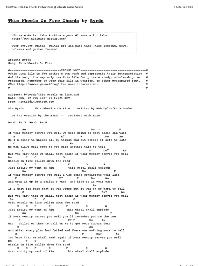 This Wheels on Fire Chords by Byrds Tabs @ Ultimate Guitar Archive ...