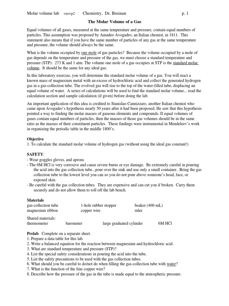 Molar Volume Lab Chemistry, Dr. Breinan P. 1 | PDF | Gases | Mole (Unit)