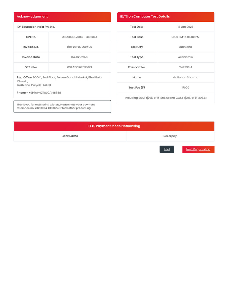 IELTS Acknowledgement Letter - Rohan Sharma | PDF