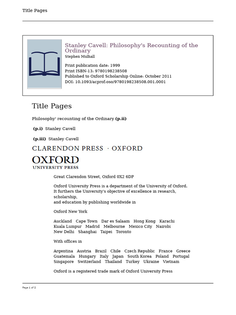 Stephen Mulhall - Stanley Cavell_ Philosophy's Recounting of the ...